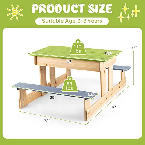 Costzon Kids Picnic Table, 3 in 1 Multipurpose Sand & Water Table w/Removable Top & 2 Storage Boxes, Wooden Construction, Bench Set for Indoor & Outdoor, Patio, Yard, Activity Play Table (Natural)