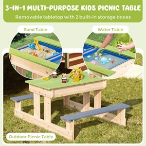 Costzon Kids Picnic Table, 3 in 1 Multipurpose Sand & Water Table w/Removable Top & 2 Storage Boxes, Wooden Construction, Bench Set for Indoor & Outdoor, Patio, Yard, Activity Play Table (Natural)