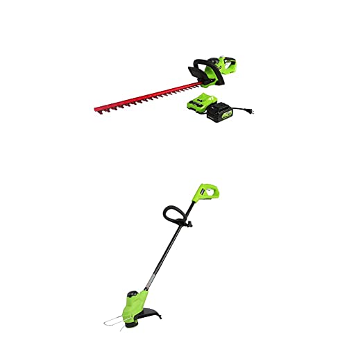 GreenWorks 24V 22" Laser Cut Hedge Trimmer, (1) 4Ah USB Battery and Charger Included + 24V 10" TORQDRIVE™ String Trimmer