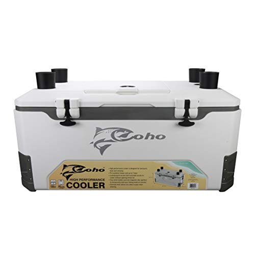 COHO 165QT Ice Chest Hard Cooler, Heavy Duty, High Performance Insulated Cooler with Fish Ruler, Removable Threaded Cup Holders, Magnetic Disc, Tie Down Loop, Easy Access Hatch