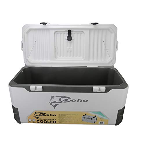 COHO 165QT Ice Chest Hard Cooler, Heavy Duty, High Performance Insulated Cooler with Fish Ruler, Removable Threaded Cup Holders, Magnetic Disc, Tie Down Loop, Easy Access Hatch