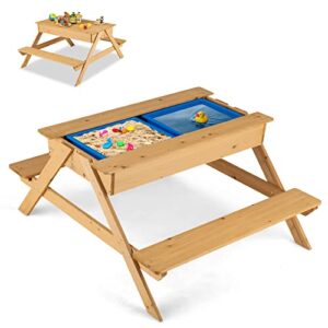 honey joy kids picnic table, 3 in 1 convertible sand & water table with 2 storage boxes & removable tabletop, wooden outdoor table and bench set for backyard, kids activity play table, natural