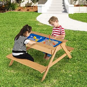 HONEY JOY Kids Picnic Table, 3 in 1 Convertible Sand & Water Table with 2 Storage Boxes & Removable Tabletop, Wooden Outdoor Table and Bench Set for Backyard, Kids Activity Play Table, Natural