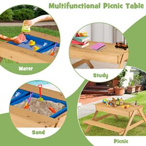 HONEY JOY Kids Picnic Table, 3 in 1 Convertible Sand & Water Table with 2 Storage Boxes & Removable Tabletop, Wooden Outdoor Table and Bench Set for Backyard, Kids Activity Play Table, Natural