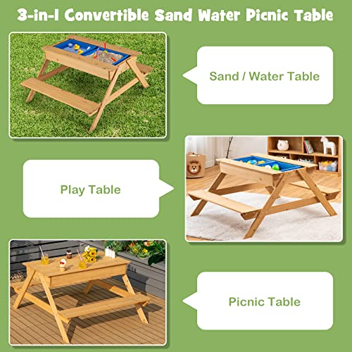 HONEY JOY Kids Picnic Table, 3 in 1 Convertible Sand & Water Table with 2 Storage Boxes & Removable Tabletop, Wooden Outdoor Table and Bench Set for Backyard, Kids Activity Play Table, Natural