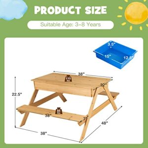 HONEY JOY Kids Picnic Table, 3 in 1 Convertible Sand & Water Table with 2 Storage Boxes & Removable Tabletop, Wooden Outdoor Table and Bench Set for Backyard, Kids Activity Play Table, Natural