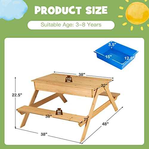 HONEY JOY Kids Picnic Table, 3 in 1 Convertible Sand & Water Table with 2 Storage Boxes & Removable Tabletop, Wooden Outdoor Table and Bench Set for Backyard, Kids Activity Play Table, Natural