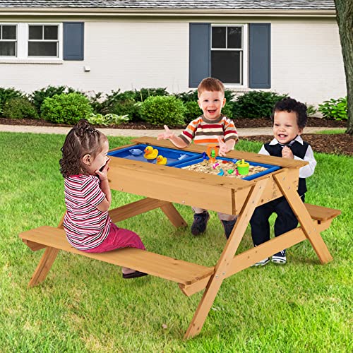 HONEY JOY Kids Picnic Table, 3 in 1 Convertible Sand & Water Table with 2 Storage Boxes & Removable Tabletop, Wooden Outdoor Table and Bench Set for Backyard, Kids Activity Play Table, Natural