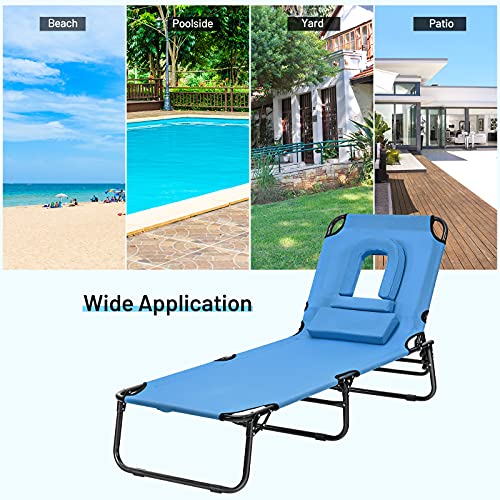 Tangkula Folding Chaise Lounge Chair with Hole for Face, Outdoor 5-Position Adjustable Reclining Beach Sunbathing Chair, Portable Face Down Tanning Chair for Patio Backyard Poolside Beach (1, Blue)