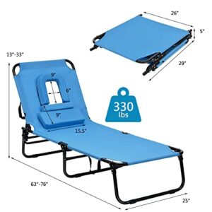 Tangkula Folding Chaise Lounge Chair with Hole for Face, Outdoor 5-Position Adjustable Reclining Beach Sunbathing Chair, Portable Face Down Tanning Chair for Patio Backyard Poolside Beach (1, Blue)