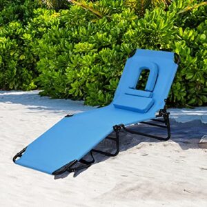 Tangkula Folding Chaise Lounge Chair with Hole for Face, Outdoor 5-Position Adjustable Reclining Beach Sunbathing Chair, Portable Face Down Tanning Chair for Patio Backyard Poolside Beach (1, Blue)