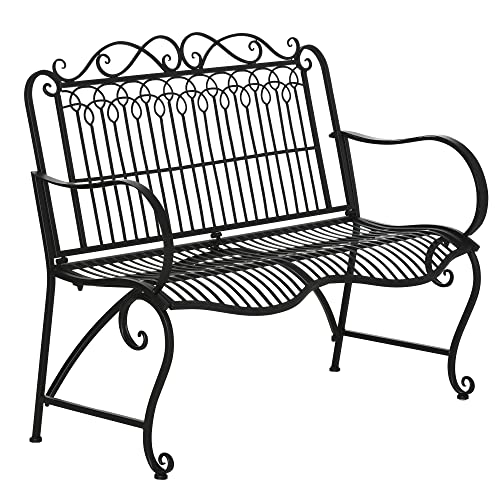 Outsunny Metal Park Bench for Front Porch, Loveseat Like 2 Person, Armrests, Steel Frame, European Antique Style Outdoor Furniture, Black