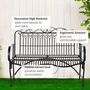 Outsunny Metal Park Bench for Front Porch, Loveseat Like 2 Person, Armrests, Steel Frame, European Antique Style Outdoor Furniture, Black