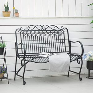 Outsunny Metal Park Bench for Front Porch, Loveseat Like 2 Person, Armrests, Steel Frame, European Antique Style Outdoor Furniture, Black