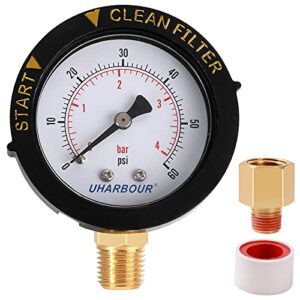 uharbour 60psi pressure gauge, 2″ dial with protection case and 1/4″npt center bottom mount, clean filter utility water pressure gauge for swimming pool filter, spa and aquarium.…