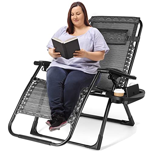 Fitnessclub Zero Gravity Chair, 350LBS Capacity Heavy Duty Folding Lounge Chairs with Cup Holder Tray and Carry Rope for Lawn Patio Beach Outdoor- XL Oversize