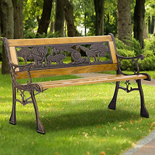 Outdoor Kid Bench Seating, 32.6" Kids Mini Sized Hardwood Bench w/Metal Frame & Cast Iron Armrest, Antique Safari Animal Garden Bench for Children Patio Lawn Balcony Backyard Porch and Indoor