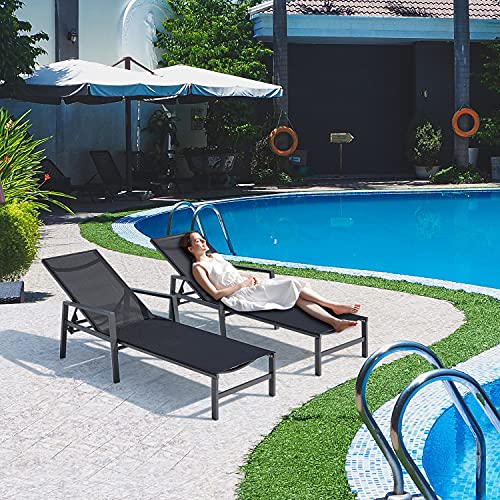 SUMETURE Aluminum Chaise Lounge Chairs Set of 2,5 Adjustable Outdoor Lounge Chaise Chairs,Patio Chaise Lounge with Armrests, Outdoor Patio Lounge Chair for Beach Poolside,Balcony,Lawn,Yard(Black)