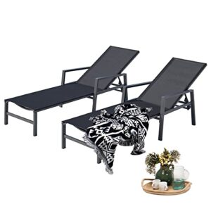 SUMETURE Aluminum Chaise Lounge Chairs Set of 2,5 Adjustable Outdoor Lounge Chaise Chairs,Patio Chaise Lounge with Armrests, Outdoor Patio Lounge Chair for Beach Poolside,Balcony,Lawn,Yard(Black)