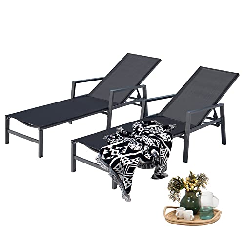 SUMETURE Aluminum Chaise Lounge Chairs Set of 2,5 Adjustable Outdoor Lounge Chaise Chairs,Patio Chaise Lounge with Armrests, Outdoor Patio Lounge Chair for Beach Poolside,Balcony,Lawn,Yard(Black)