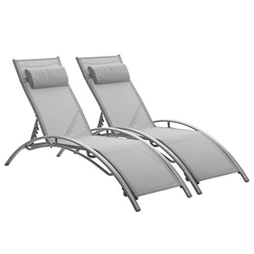 Set of 2 Outdoor Patio Chaise Lounge Chairs,Beach Pool Reclining Adjustable Lounge Chair with Headrest for Patio Beach Yard Pool