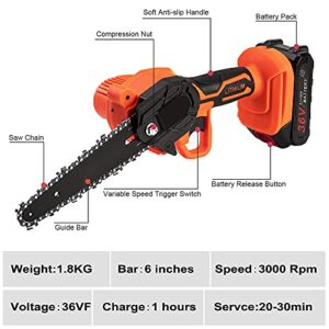 Mini Chainsaw Cordless, 6 Inch Battery Powered Chainsaw Pruning Chain Saw, One-Handed Portable Electric Small Chainsaw for Gardening Tree Trimming and Branch Wood Cutting(2x Battery,2x Chain)