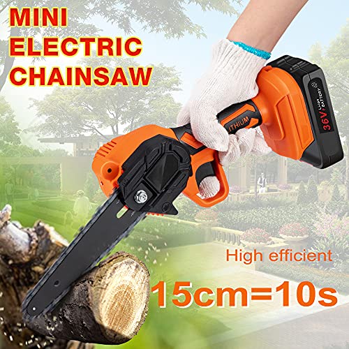 Mini Chainsaw Cordless, 6 Inch Battery Powered Chainsaw Pruning Chain Saw, One-Handed Portable Electric Small Chainsaw for Gardening Tree Trimming and Branch Wood Cutting(2x Battery,2x Chain)