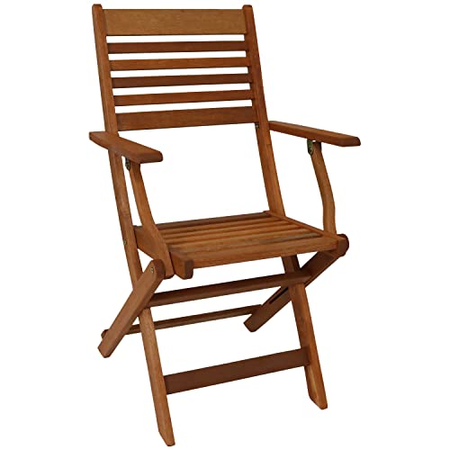 Sunnydaze Meranti Wood Outdoor Folding Patio Armchairs - Set of 2 - Outside Wooden Bistro Furniture for Lawn, Deck, Balcony, Garden and Porch - Teak Oil Finish