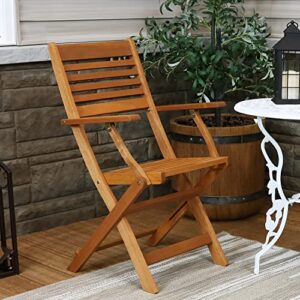 Sunnydaze Meranti Wood Outdoor Folding Patio Armchairs - Set of 2 - Outside Wooden Bistro Furniture for Lawn, Deck, Balcony, Garden and Porch - Teak Oil Finish