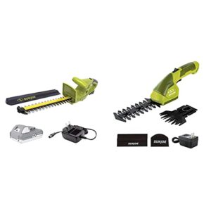 sun joe 24v-ht18-lte 24v 2.0ah 18-in cordless handheld hedge trimmer 5/8”& hj604c 7.2-volt 2-in-1 1250-rpm cordless grass shear/shrubber handheld trimmer