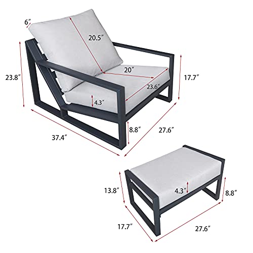 Outdoor Chaise Lounge Chair with Ottomans, Indoor Outdoor Patio Conversation Chair Set of 2 with Ottoman and Beige Cushion, All Weather Aluminum Outdoor Recliner Armchair Set, Charcoal Black Frame