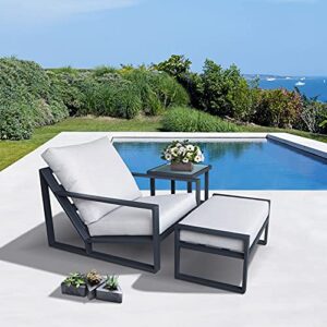 outdoor chaise lounge chair with ottomans, indoor outdoor patio conversation chair set of 2 with ottoman and beige cushion, all weather aluminum outdoor recliner armchair set, charcoal black frame