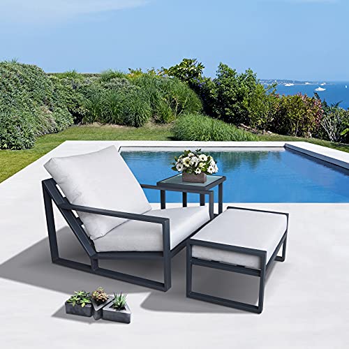 Outdoor Chaise Lounge Chair with Ottomans, Indoor Outdoor Patio Conversation Chair Set of 2 with Ottoman and Beige Cushion, All Weather Aluminum Outdoor Recliner Armchair Set, Charcoal Black Frame