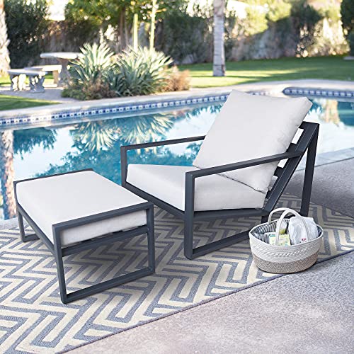 Outdoor Chaise Lounge Chair with Ottomans, Indoor Outdoor Patio Conversation Chair Set of 2 with Ottoman and Beige Cushion, All Weather Aluminum Outdoor Recliner Armchair Set, Charcoal Black Frame