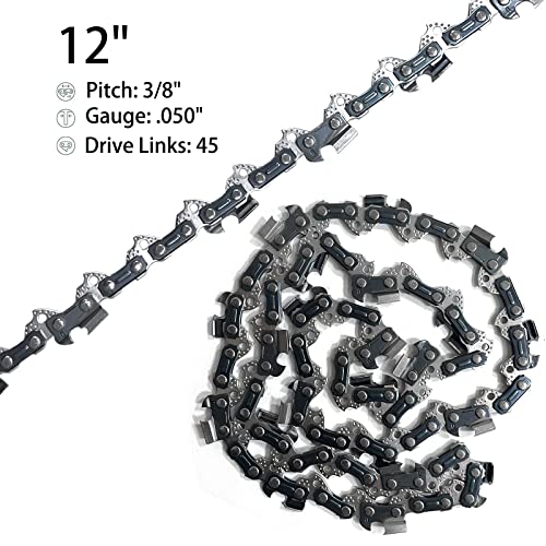 Opuladuo 2PC 12 Inch Chainsaw Chain for Greenworks 40V 20262 20292 Chainsaw, 12" Replacement Chain for Sun Joe SWJ698E 9A Chain Saw - 3/8" - .050" - 45 DL