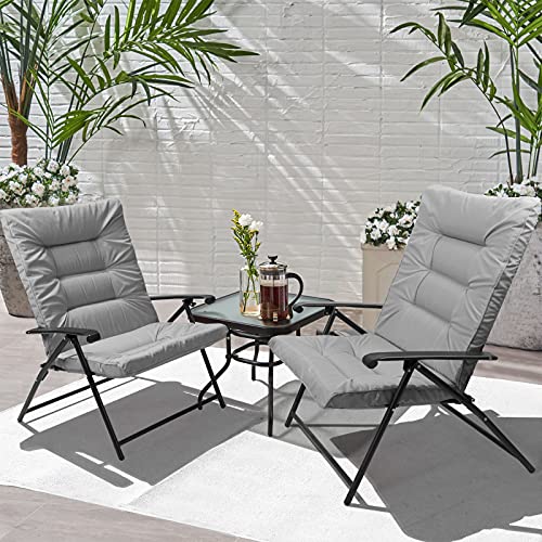 SUNCROWN 3-Piece Outdoor Furniture Patio Padded Folding Chair Set Patio Bistro Set Foldable Adjustable Reclining Lounge Chair with Coffee Table, Grey