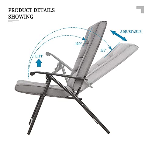 SUNCROWN 3-Piece Outdoor Furniture Patio Padded Folding Chair Set Patio Bistro Set Foldable Adjustable Reclining Lounge Chair with Coffee Table, Grey