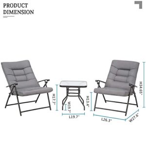 SUNCROWN 3-Piece Outdoor Furniture Patio Padded Folding Chair Set Patio Bistro Set Foldable Adjustable Reclining Lounge Chair with Coffee Table, Grey