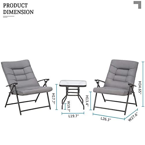 SUNCROWN 3-Piece Outdoor Furniture Patio Padded Folding Chair Set Patio Bistro Set Foldable Adjustable Reclining Lounge Chair with Coffee Table, Grey