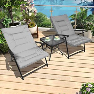 SUNCROWN 3-Piece Outdoor Furniture Patio Padded Folding Chair Set Patio Bistro Set Foldable Adjustable Reclining Lounge Chair with Coffee Table, Grey