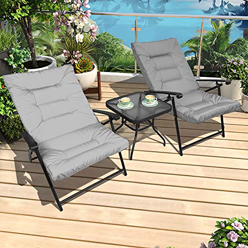 SUNCROWN 3-Piece Outdoor Furniture Patio Padded Folding Chair Set Patio Bistro Set Foldable Adjustable Reclining Lounge Chair with Coffee Table, Grey