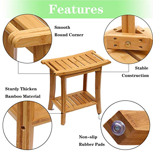 Bamboo Shower Bench Seat, Bathroom Shower Stools, Waterproof Bathing Spa Chair with Shelf and Handles for Indoor or Outdoor