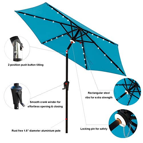 C-Hopetree 7.5 ft Outdoor Patio Market Table Umbrella with Solar LED Lights and Tilt, Aqua Blue