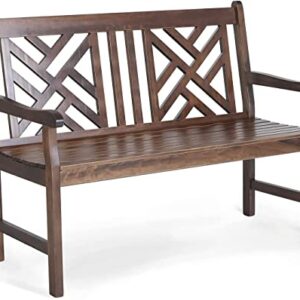 MFSTUDIO Outdoor Acacia Wood Garden Bench with Backrest and Armrest,2-Person Slatted Seat Bench Patio Furniture for Porch,Park,Yard,Weight Capacity 600 lbs(Brown)