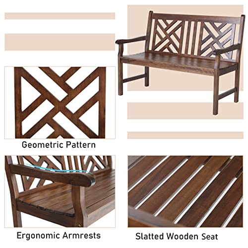 MFSTUDIO Outdoor Acacia Wood Garden Bench with Backrest and Armrest,2-Person Slatted Seat Bench Patio Furniture for Porch,Park,Yard,Weight Capacity 600 lbs(Brown)