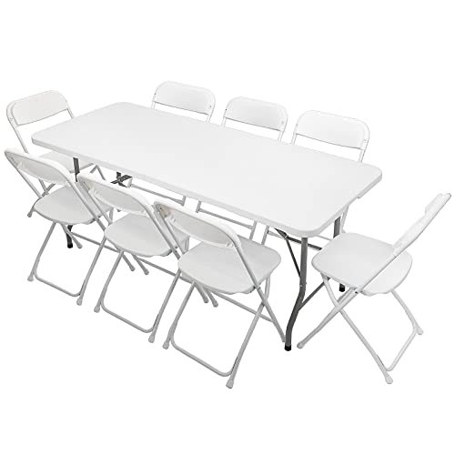 VINGLI 6 FT Plastic Folding Table Set with 8 White Folding Chairs for Picnic, Event, Training, Outdoor Activities, at Home and Commercial Use