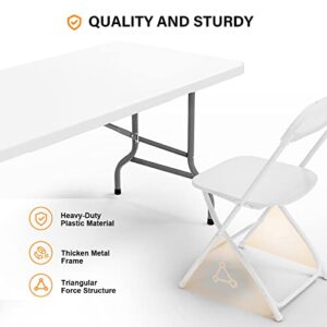 VINGLI 6 FT Plastic Folding Table Set with 8 White Folding Chairs for Picnic, Event, Training, Outdoor Activities, at Home and Commercial Use