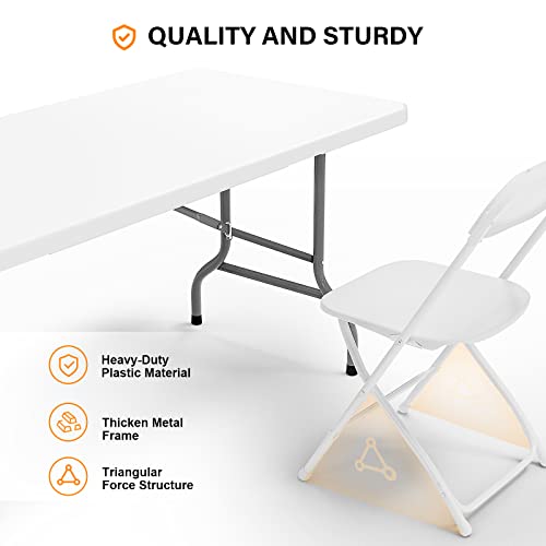 VINGLI 6 FT Plastic Folding Table Set with 8 White Folding Chairs for Picnic, Event, Training, Outdoor Activities, at Home and Commercial Use