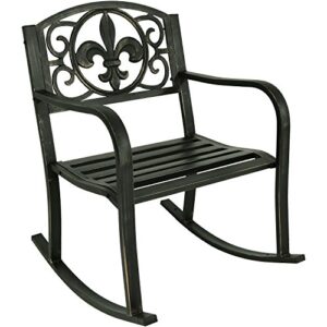 sunnydaze outdoor rocking chair – durable cast iron and steel construction – traditional fleur-de-lis design – outside front porch furniture – perfect chair for patio, deck, backyard or garden