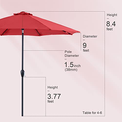 Tempera 9' Outdoor Market Patio Table Umbrella with Push Button Tilt and Crank,Large Sun Umbrella with Sturdy Pole&Fade resistant canopy,Easy to set,Rust Red